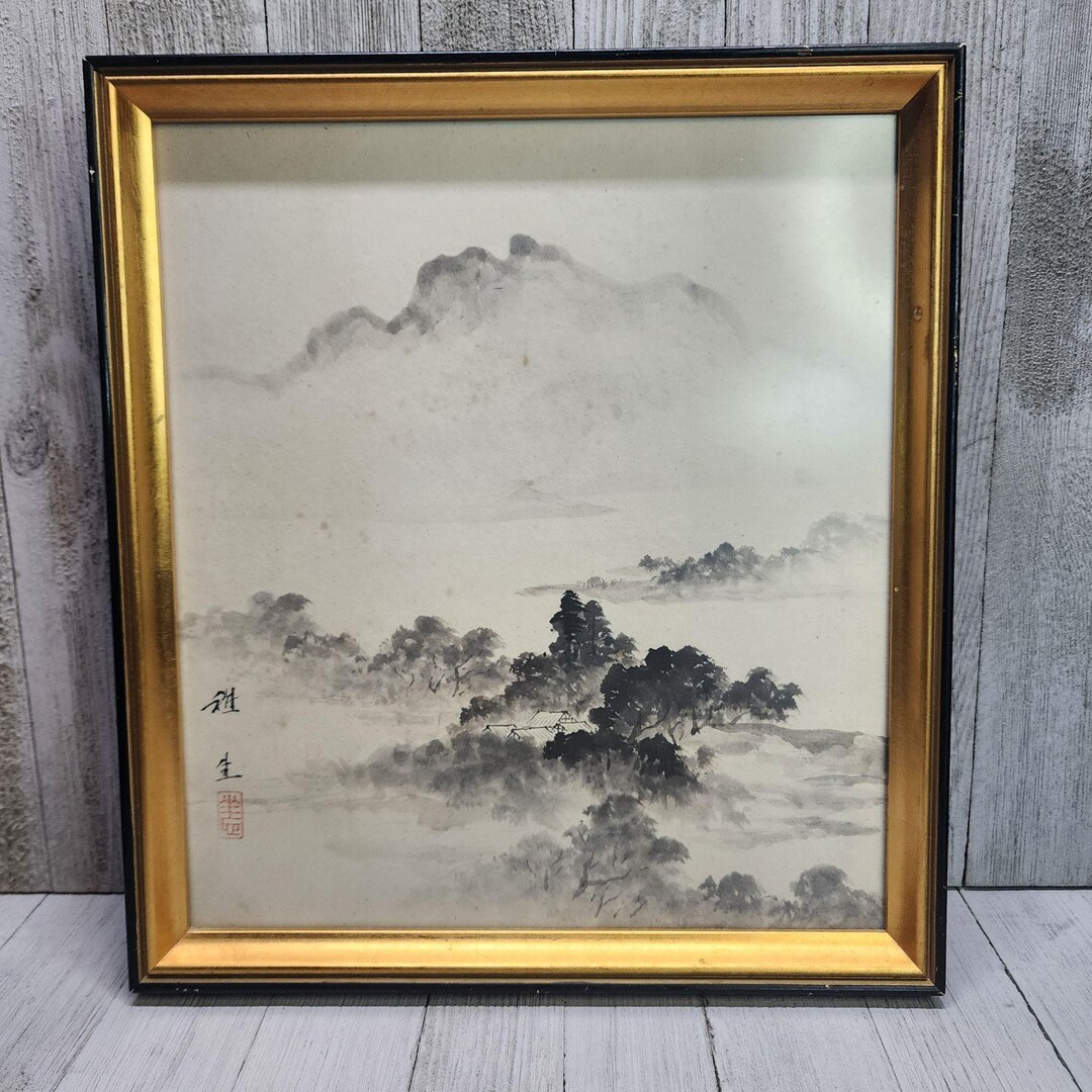 Vintage Japanese Art Ink Style Painting Mountain Framed Wall Hanging ...