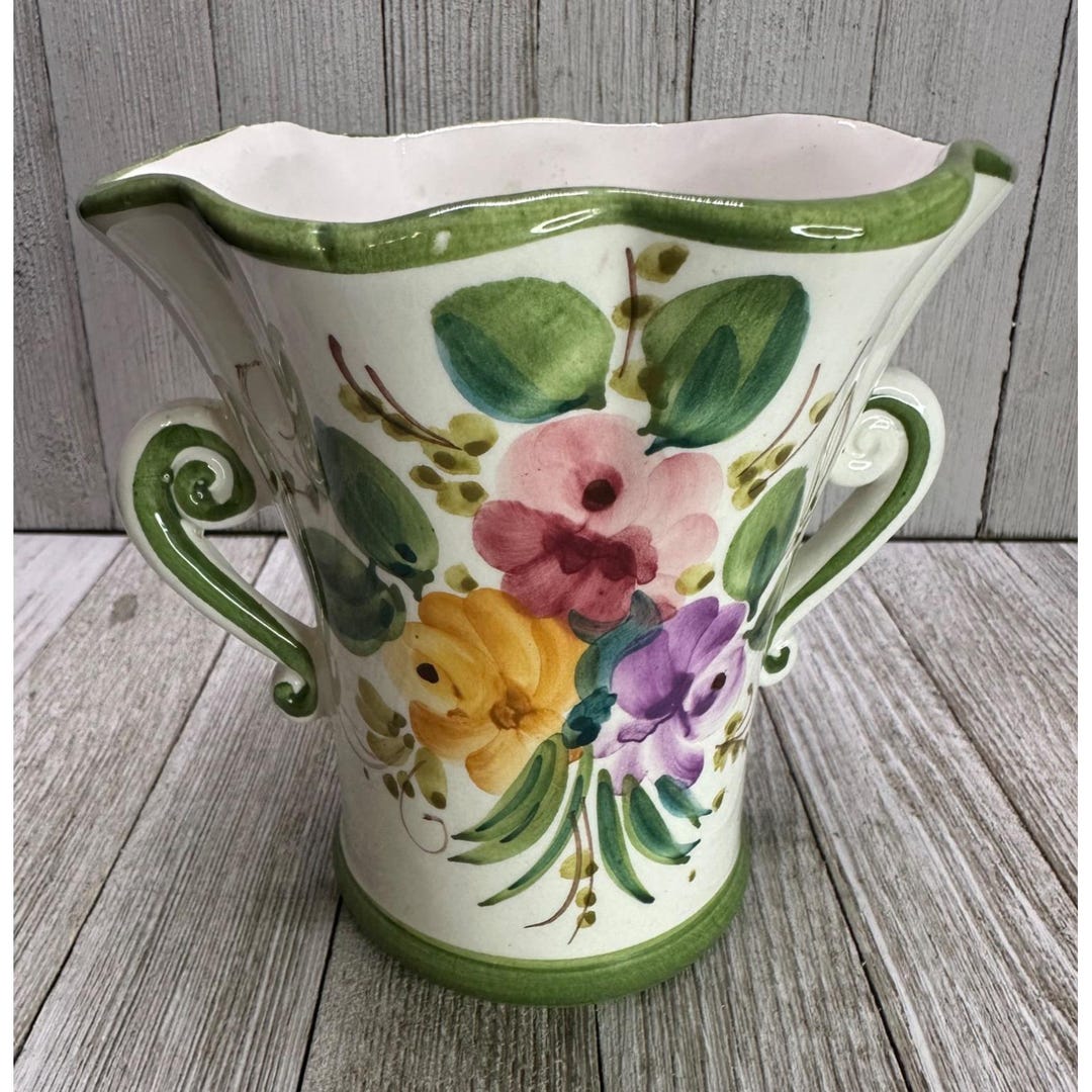Vtg Painted Floral Vase From Italy FTD Green Trim With Flowers 5.5 ...