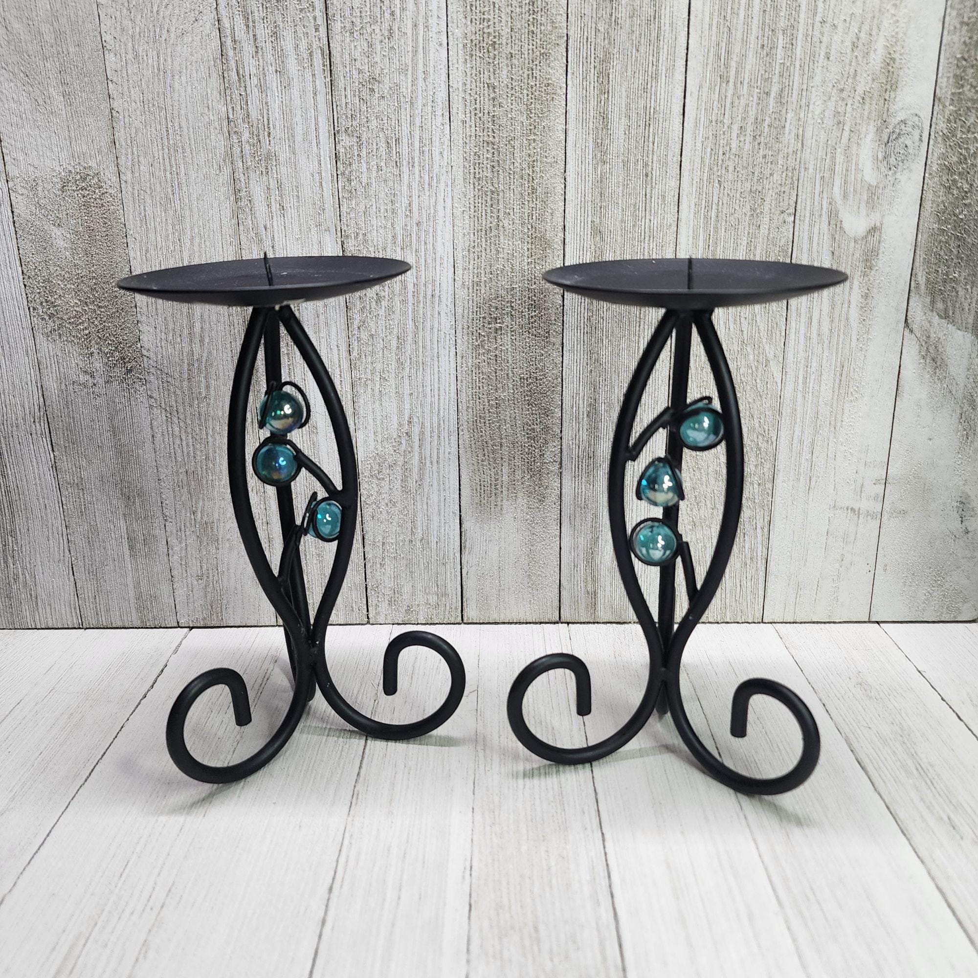 Vintage Pillar Wrought Iron Scroll Candle Holder Black 7.5'' Tall Set ...