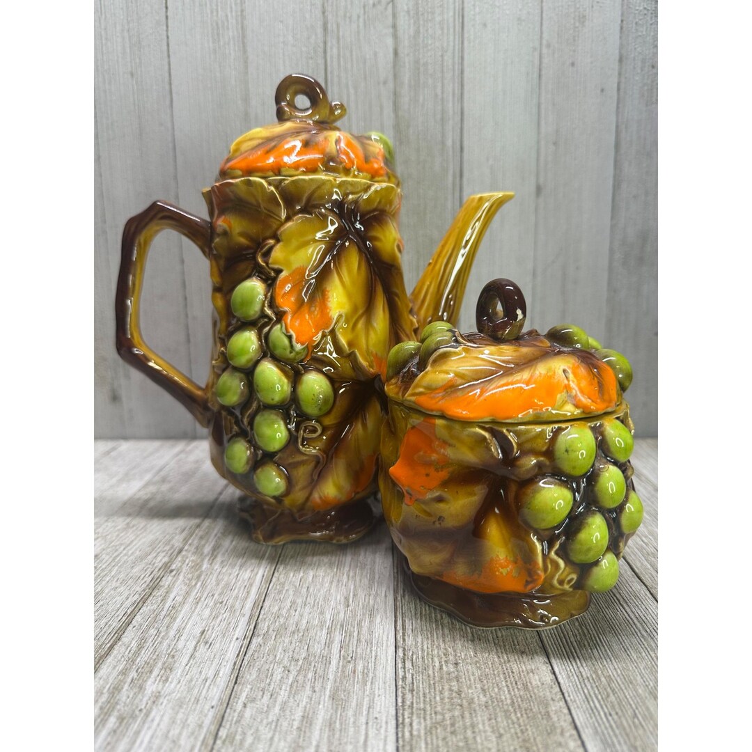 Vintage Nasco Swirling Leaves Grapes Tea Pot & Creamer Sugar Set MCM ...