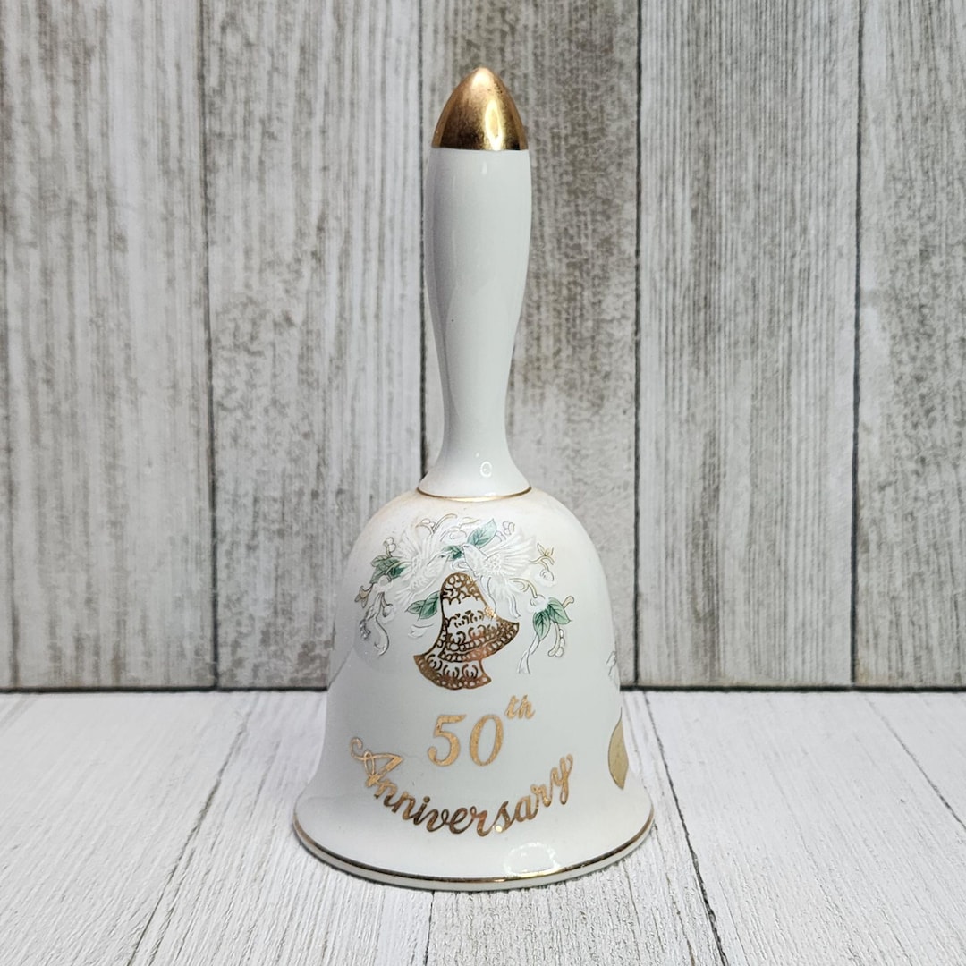 Vintage Lefton 50th Anniversary Bell Porcelain White Gold Trim 6'' Tall ...