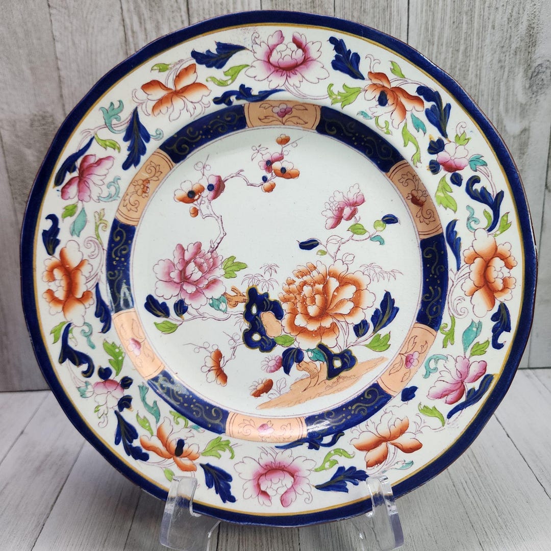 Vintage Chinoiserie Cobalt Blue & White Red Porcelain Plates Peonies No ...