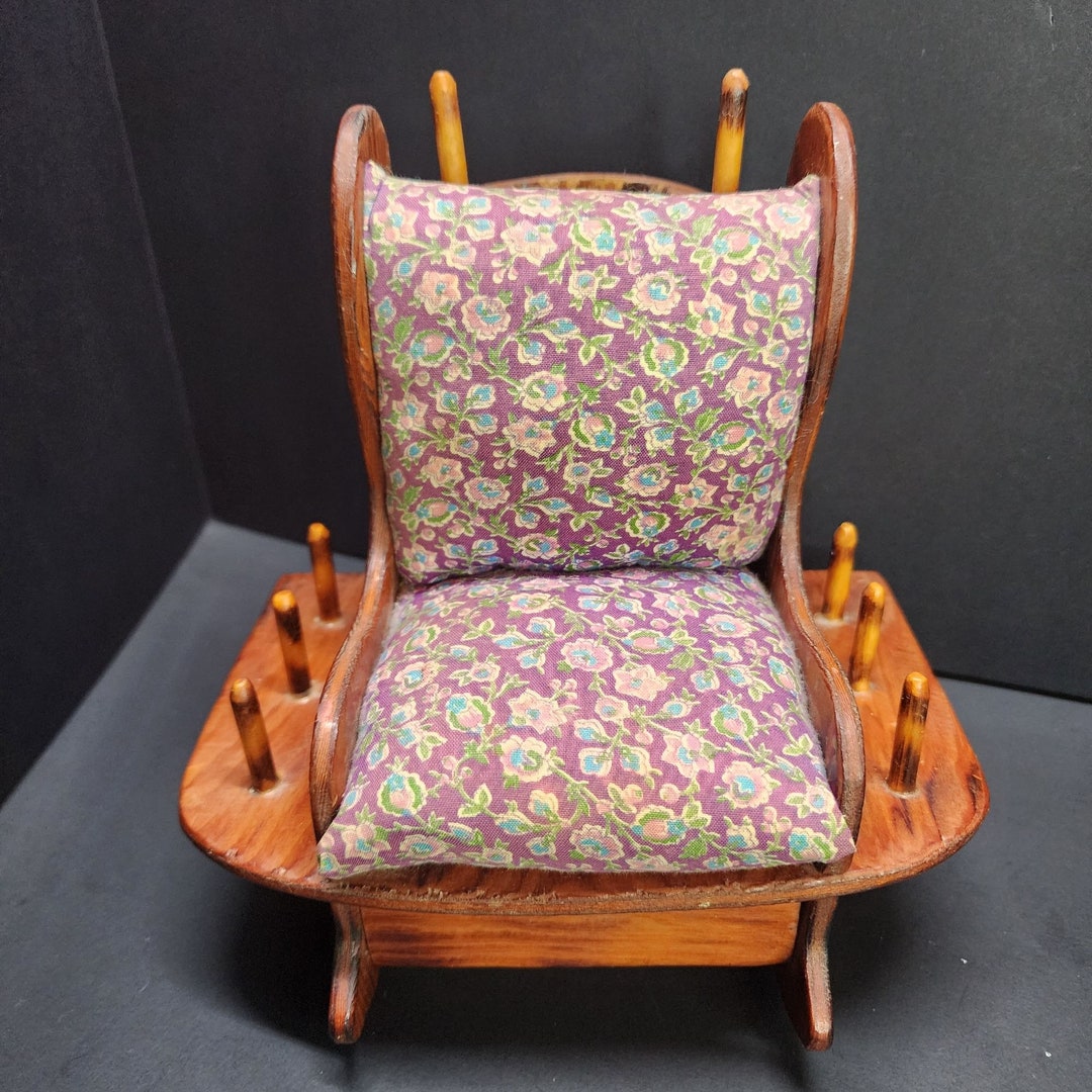 Vintage Wooden Rocking Chair Pin Cushion Thread Holder Sewing Caddy ...