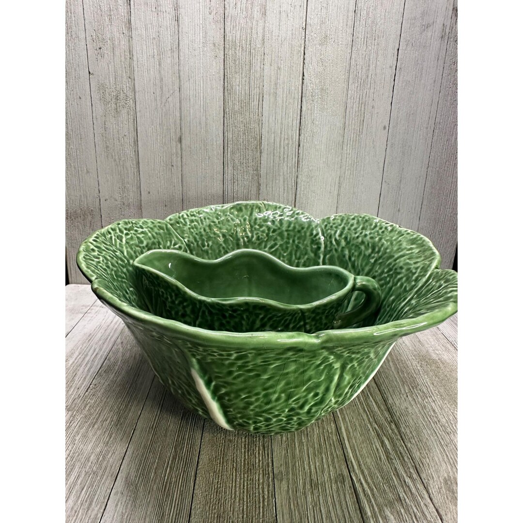 Vtg Olfaire Cabbage Leaf Dressing Boat and Salad Bowl Green Portugal ...