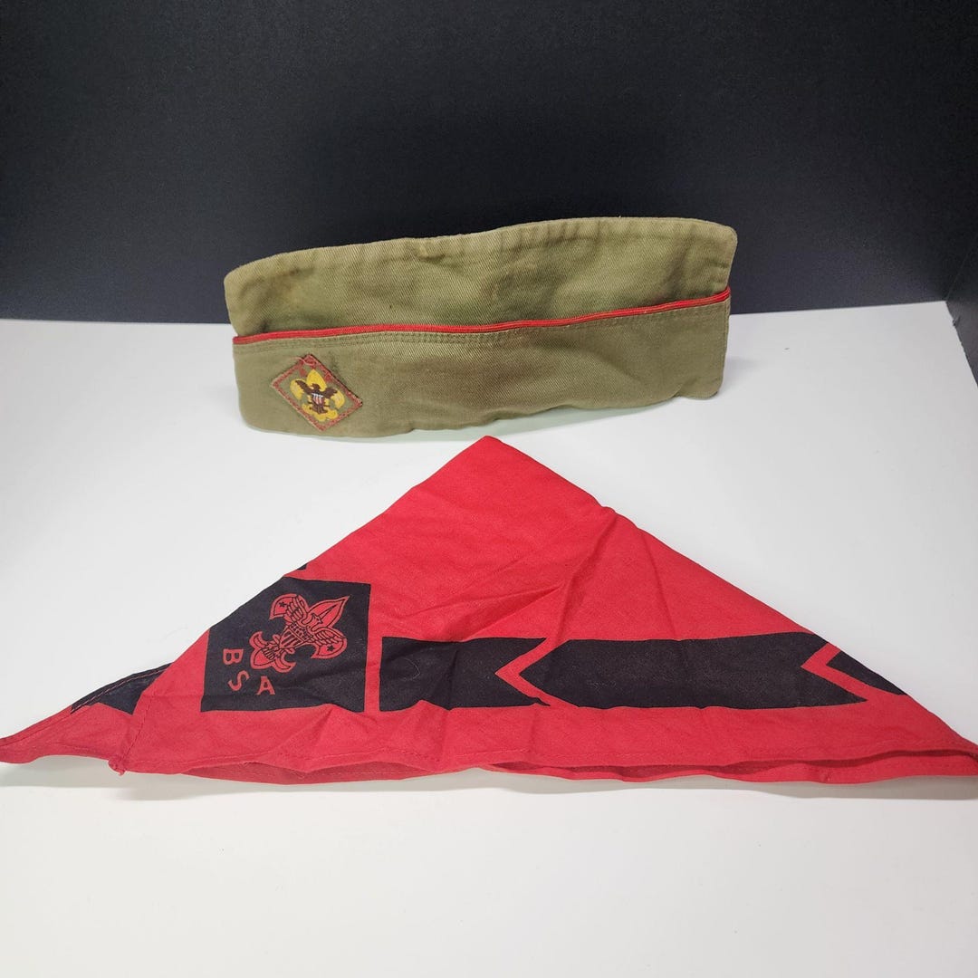 Vintage Boy Scouts America Garrison Cap Hat & BSA Neckerchief Red Black ...