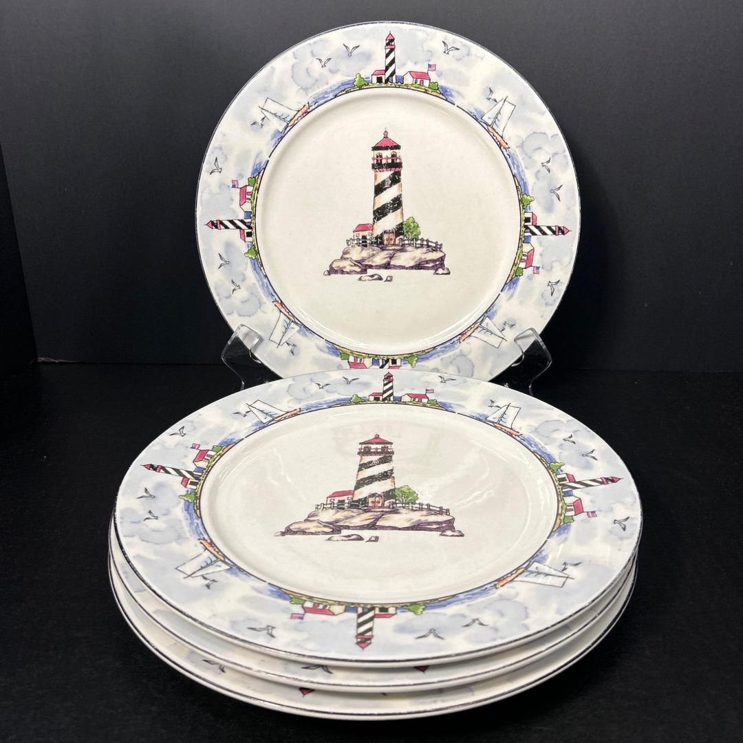 Vintage Totally Today Coastal Lighthouse Dinner Plates 10.5'' Nautical ...