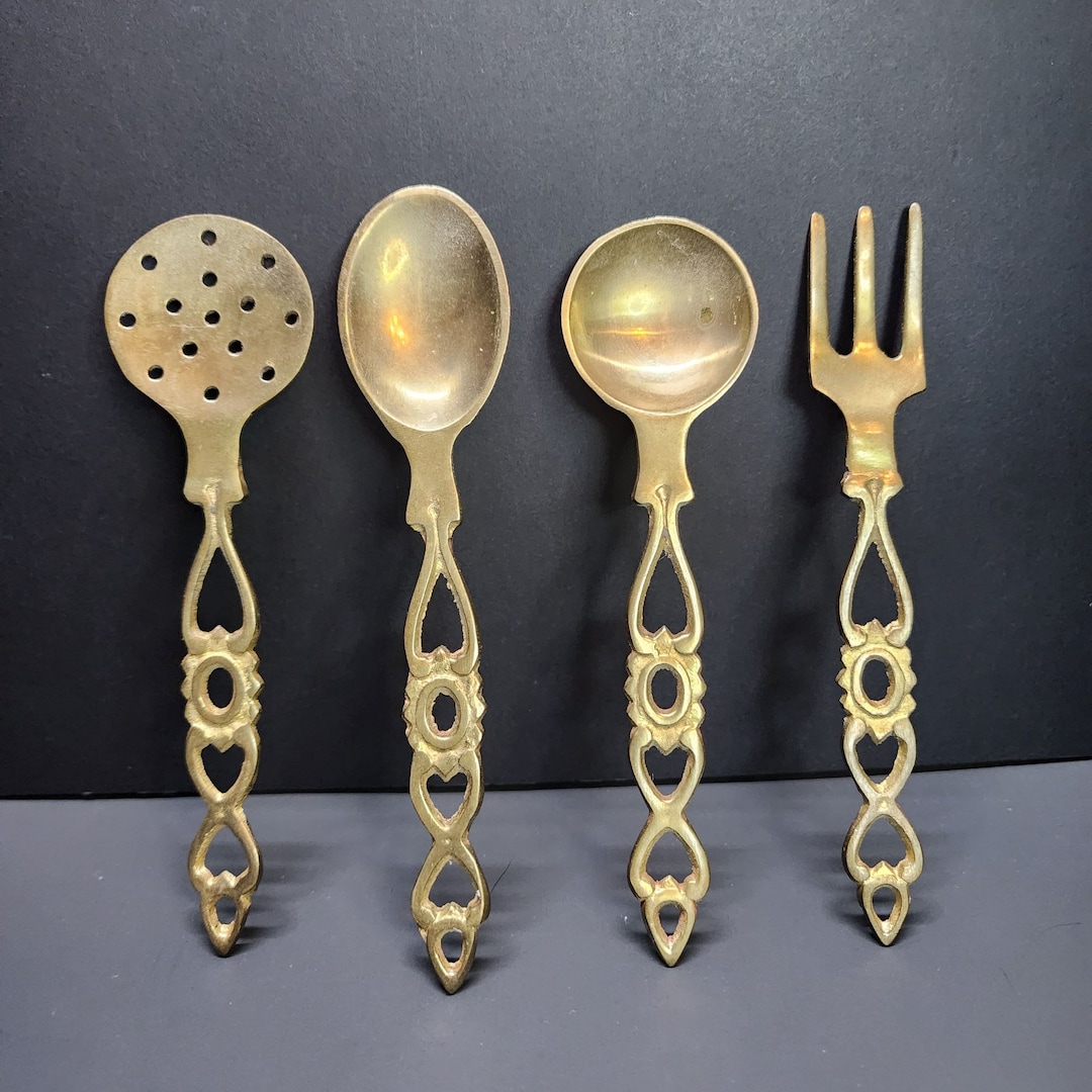 Vintage Antique Brass Cooking Serving Utensils Spoons Fork & Skimmer ...