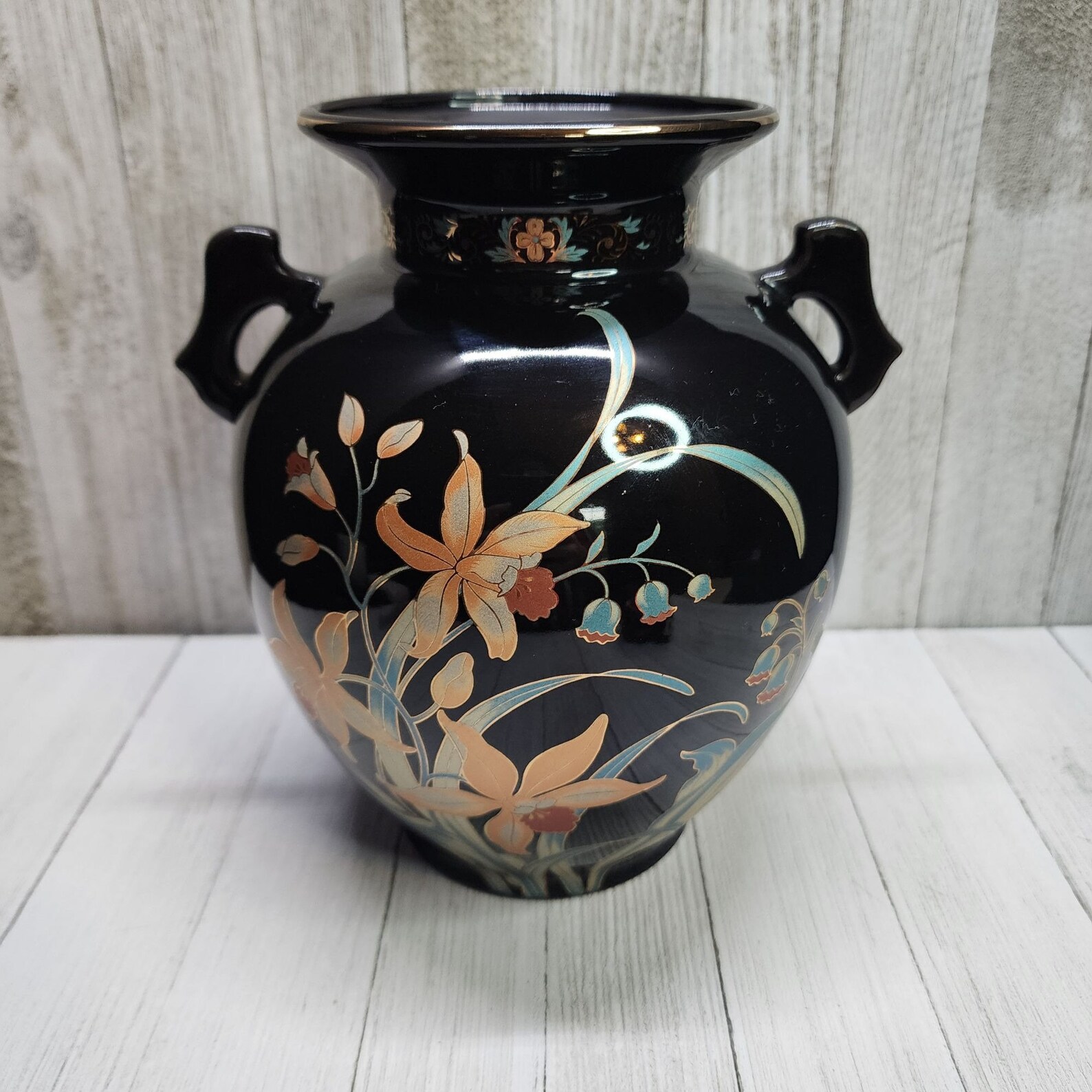 Vintage Japanese Fine China Vase Porcelain Floral Black 8'' With ...