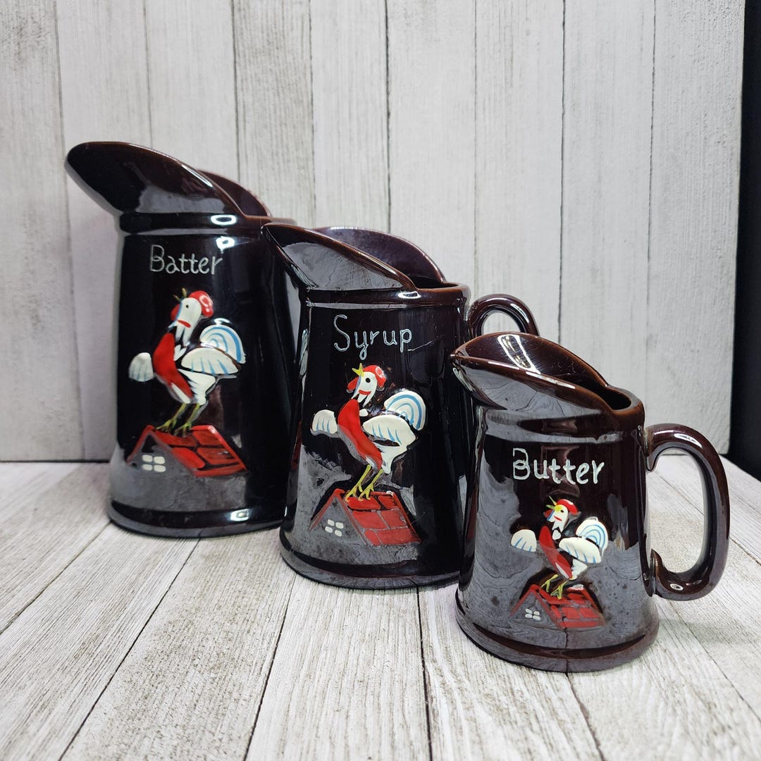 Vintage Redware Rooster Pancakes Pitcher Batter Syrup Pottery JAPAN Set ...