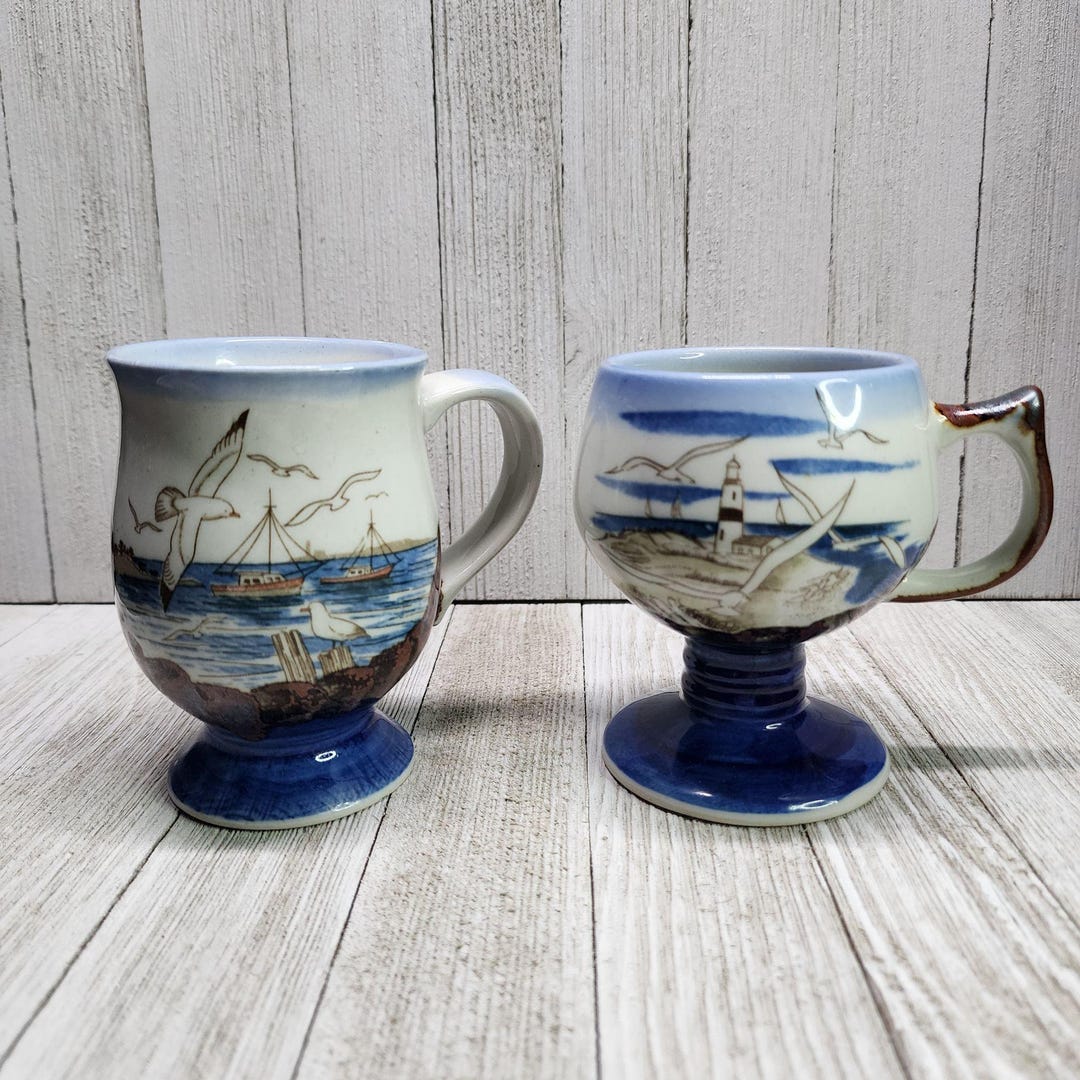 Vintage Ceramic Footed Coffee Mug Cups Seascape & Lighthouse Design ...