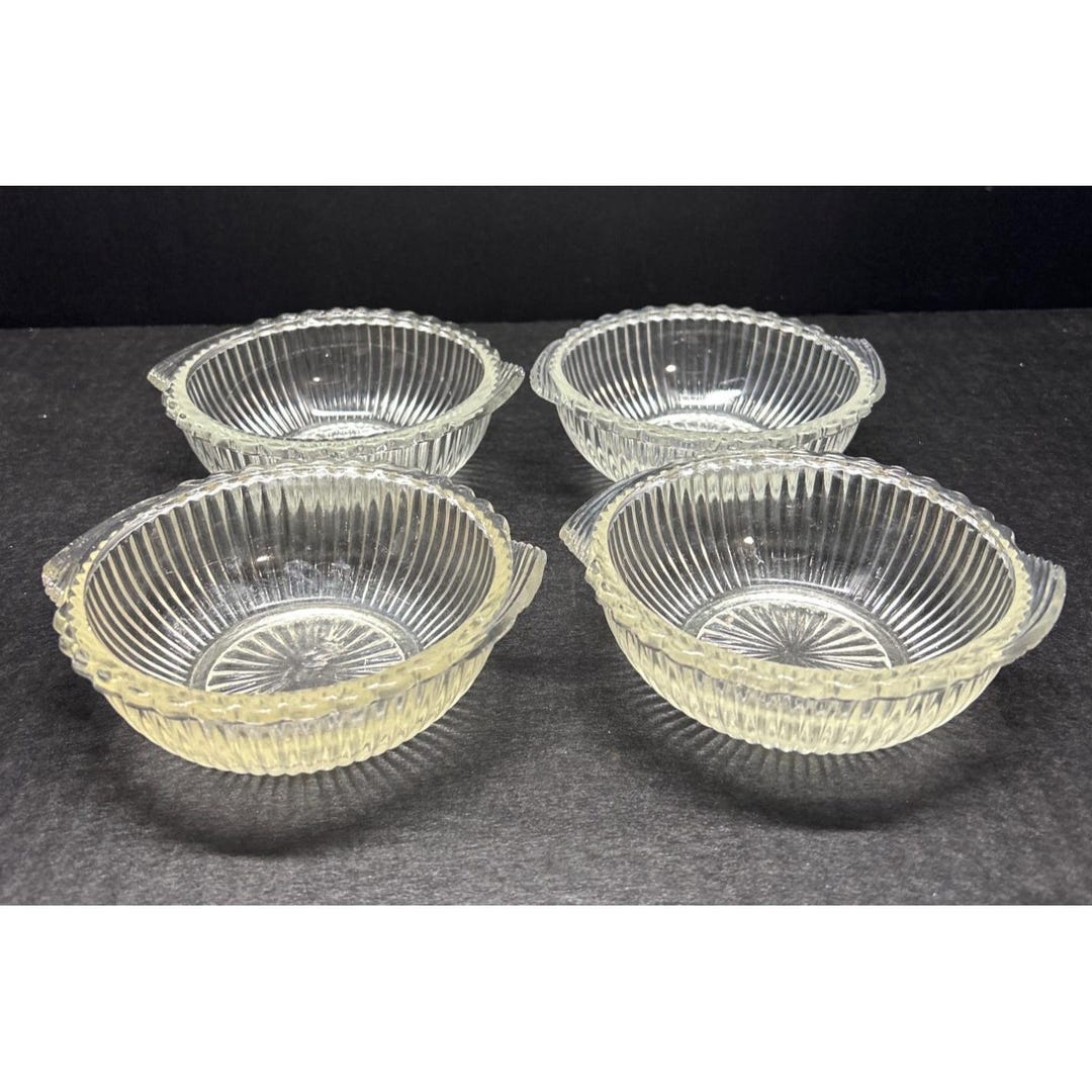 Vintage Fruit Berry Bowls With Handle Pressed Glass Ribbed Pattern ...