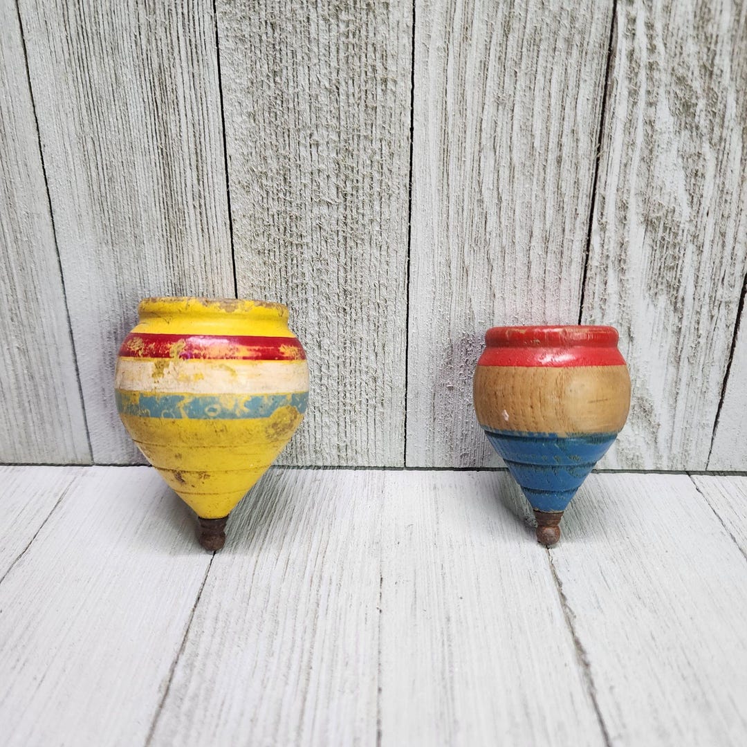 Vintage Original Wood Spinning Tops Toy Striped Paint W/ Metal Tip Lot ...
