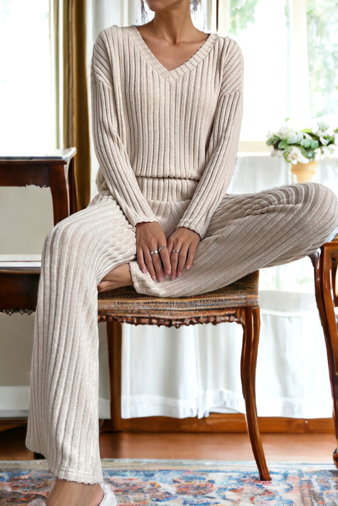 Geripptes Loungewear-Set zwei Stück, Weicher Sweatsuit, Strickoberteil ...