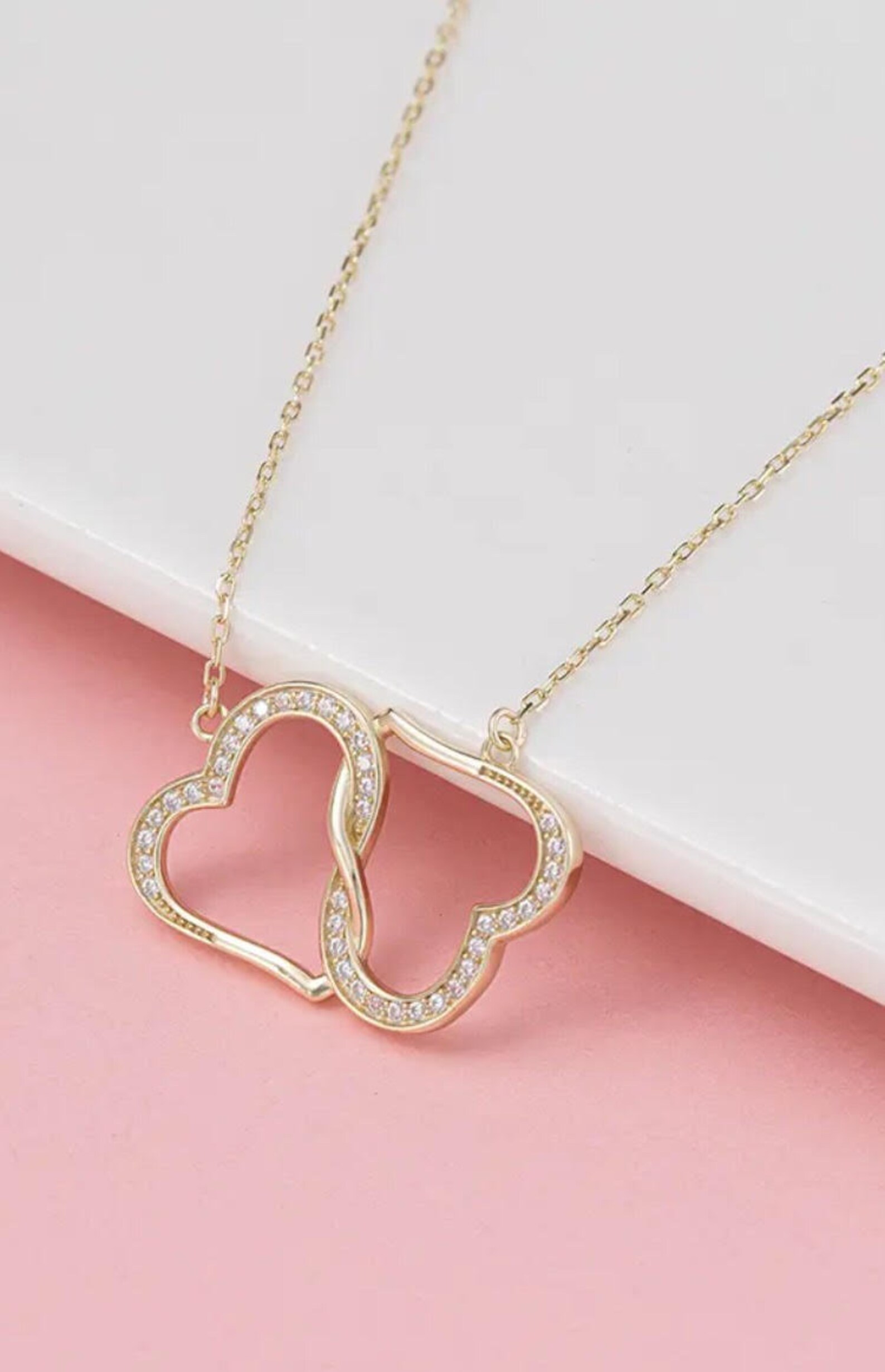 Double Heart Pendant Necklace, Interlocked Heart Sapphire Pave ...