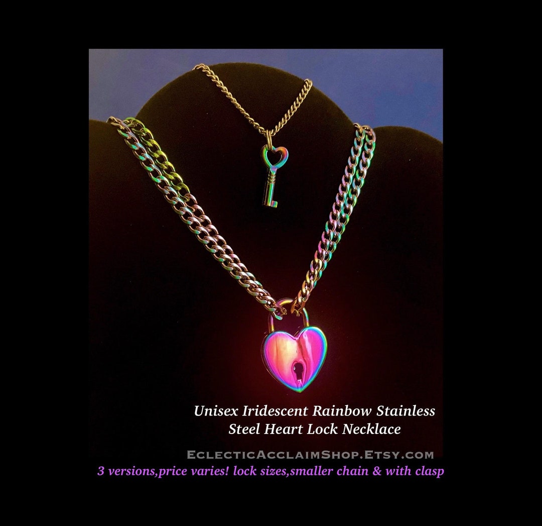 Rainbow Heart Padlock Chain Necklace,lock and Key Necklace,lock ...