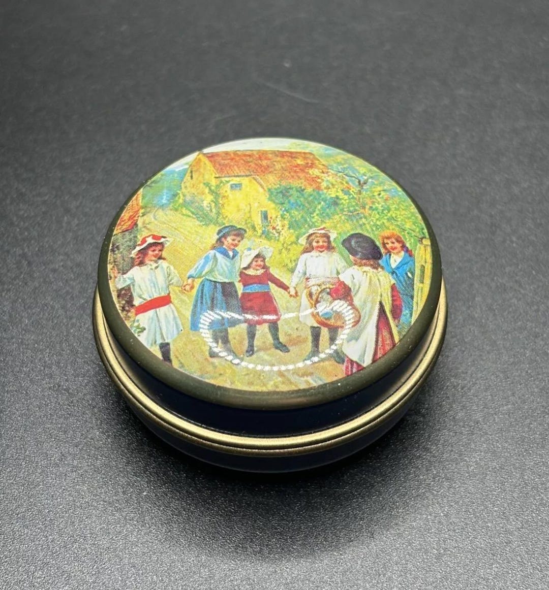 Vintage Pill Box Sheet Metal Plastic Motif Village Children 0.5oz - Etsy