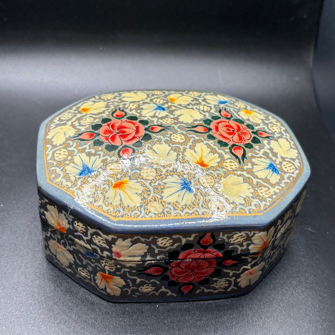 Paper Mache Box Floral Handpainted Trinket Box-vintage - Etsy