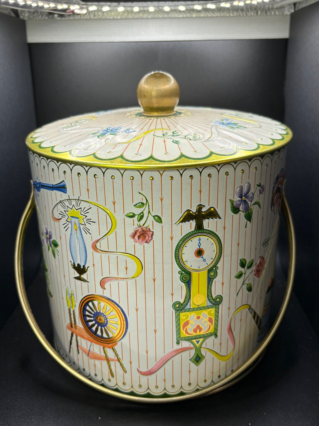 Biscuit Cookie Tin Metal- Bucket Lid Handle Holder Container-white ...