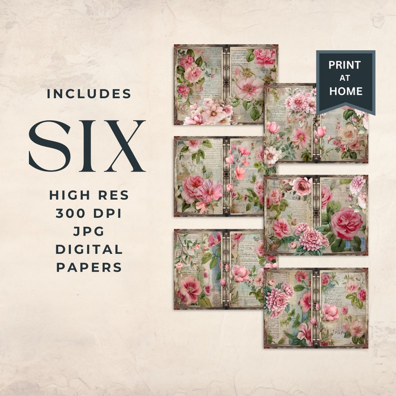 Floral Junk Journal Digital Paper, Pink Floral 6 Digital Journal Pages ...