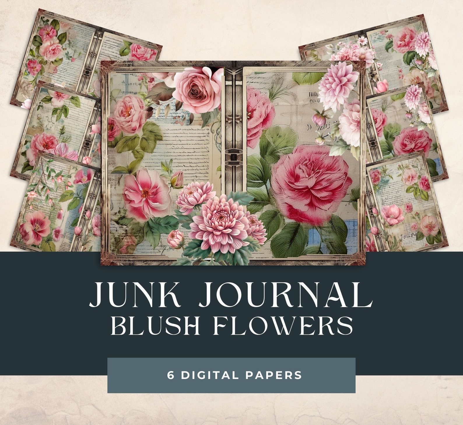 Floral Junk Journal Digital Paper, Pink Floral 6 Digital Journal Pages ...