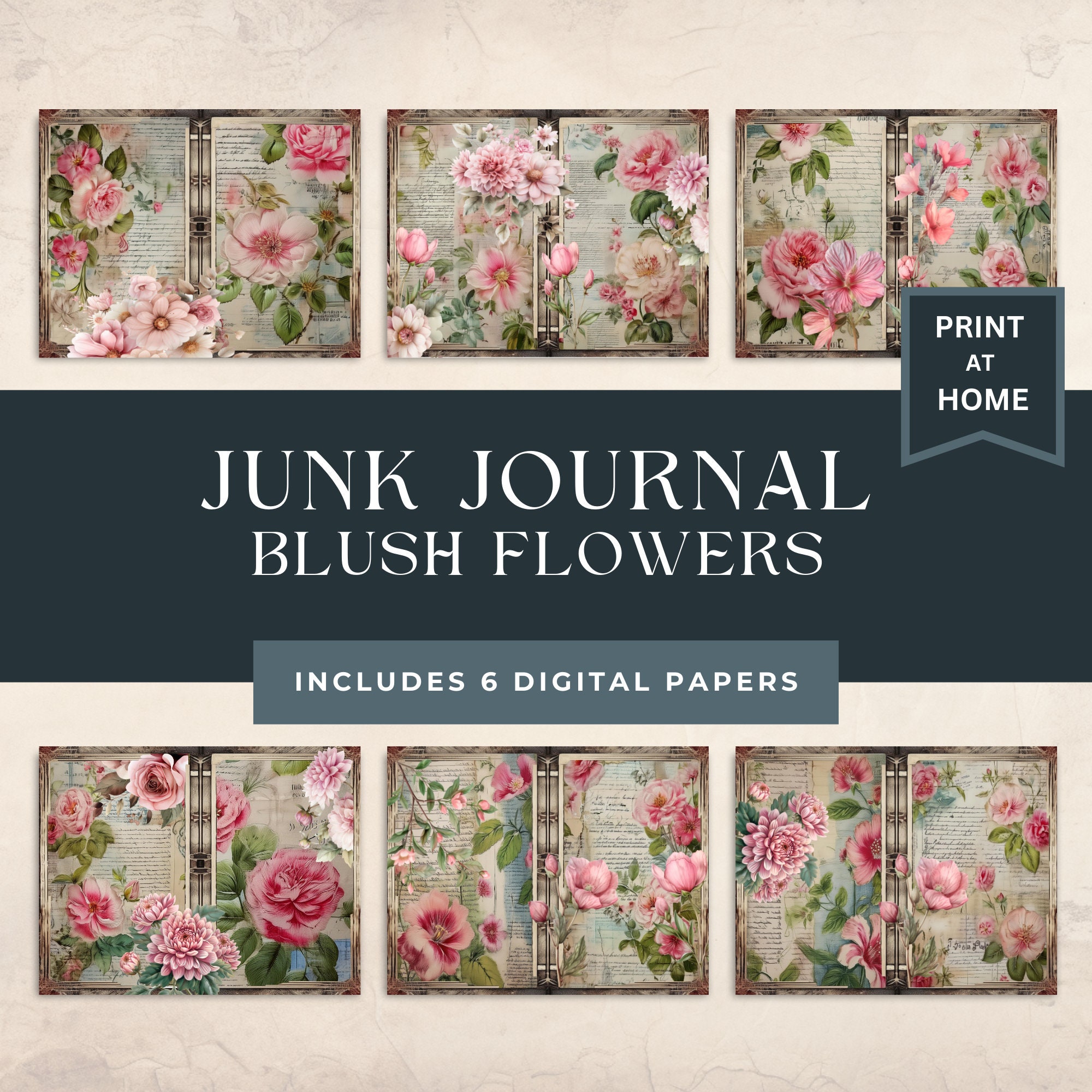 Floral Junk Journal Digital Paper, Pink Floral 6 Digital Journal Pages ...