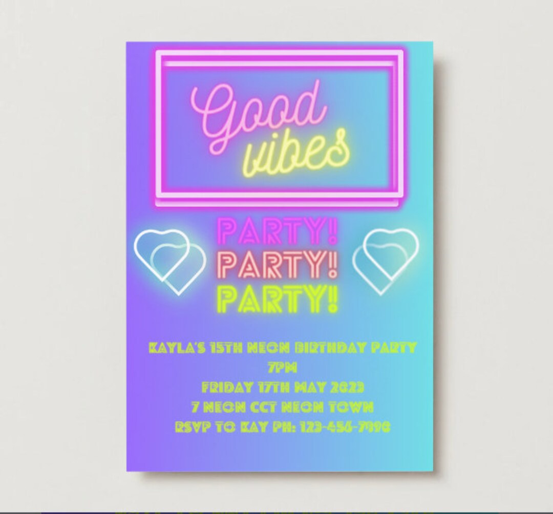 Neon Invitation, Teen Birthday Invitation, Neon Party Invite. Teen ...