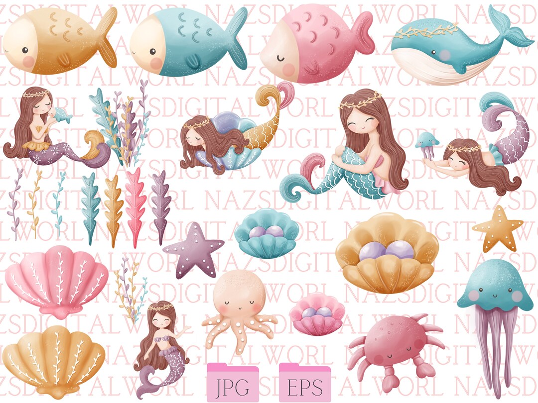 28 Mermaid Under the Sea Watercolor Clipart PNG Digital Download | Cute ...