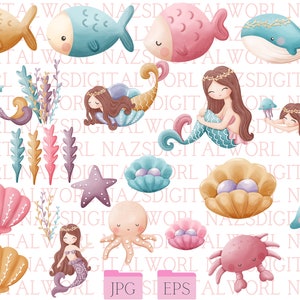 28 Mermaid Under the Sea Watercolor Clipart PNG Digital Download Cute ...
