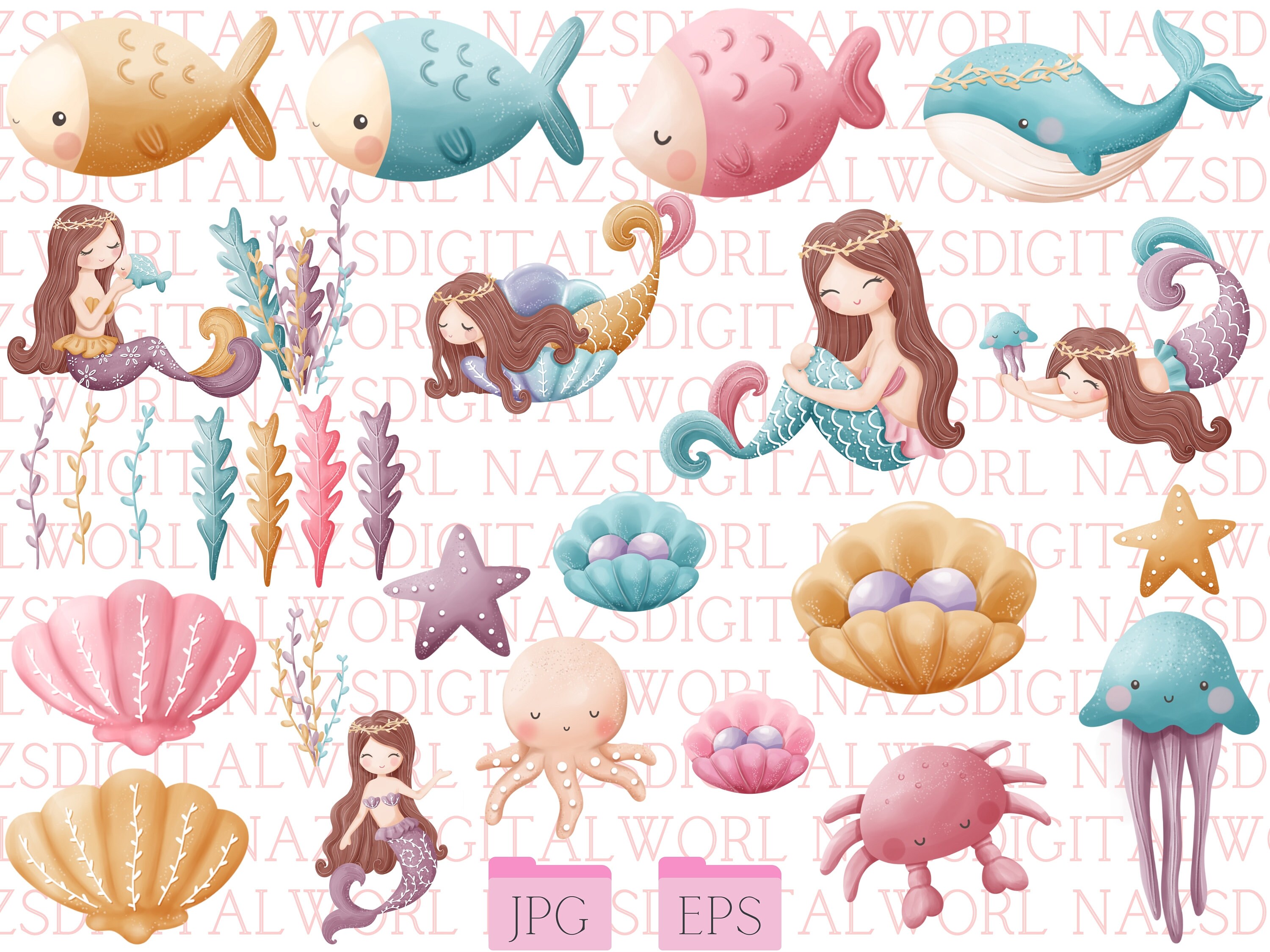 28 Mermaid Under the Sea Watercolor Clipart PNG Digital Download Cute ...