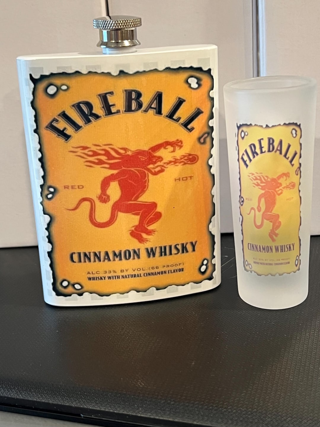 Fireball Cinnamon Whisky 8 Oz Hip Flask & 3 Oz Shot Glass Set - Etsy
