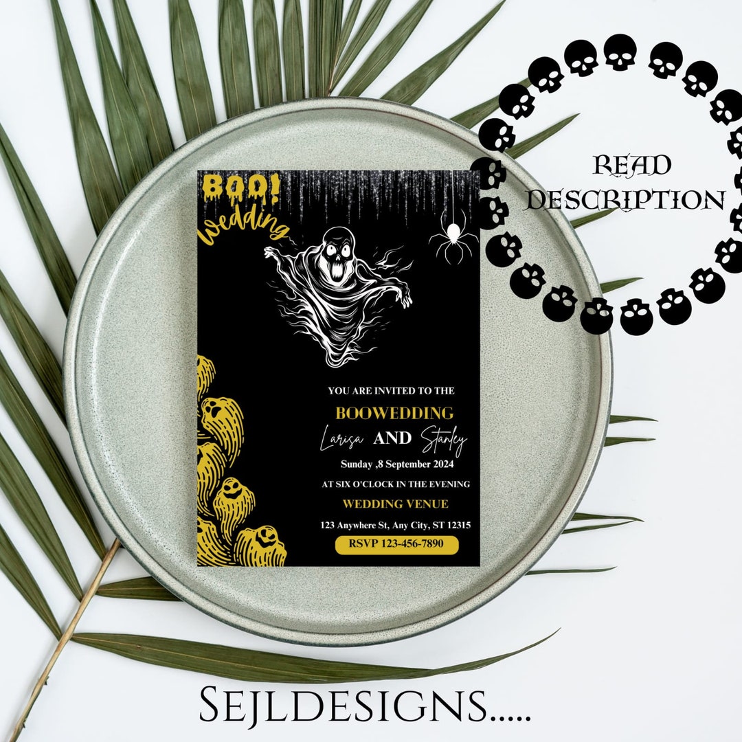 Spooktacular Black Wedding Invitation Featuring Ghost, Spider With ...