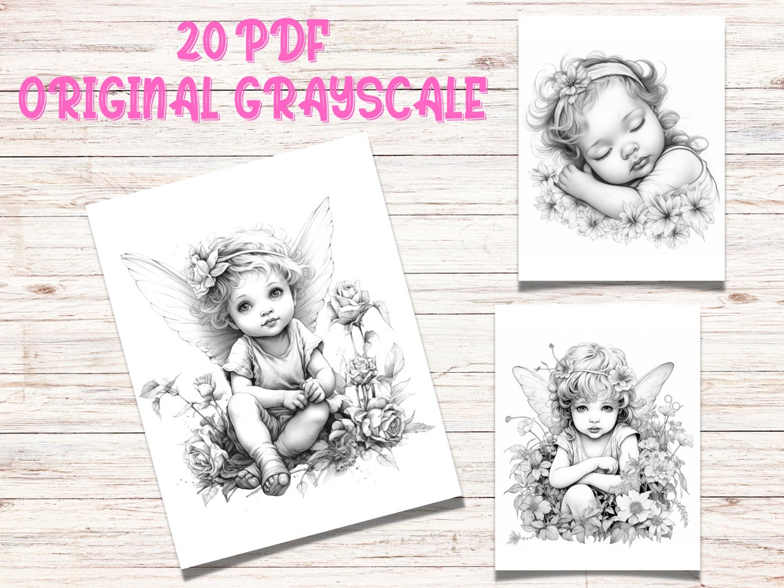 20 Baby Fairy Coloring Pages for Adults and Kids, Grayscale Coloring ...