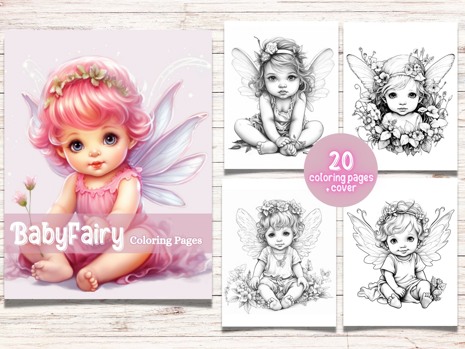 20 Baby Fairy Coloring Pages for Adults and Kids, Grayscale Coloring ...