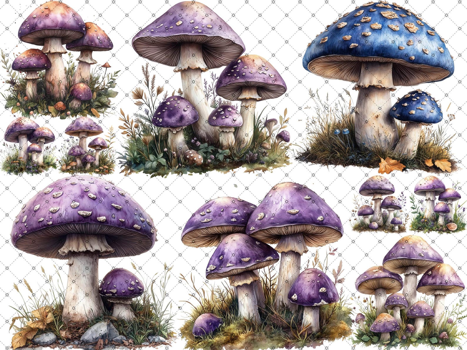 Blue Purple Mushroom Watercolor Clipart, Mushroom Forest Art, Fantasy ...