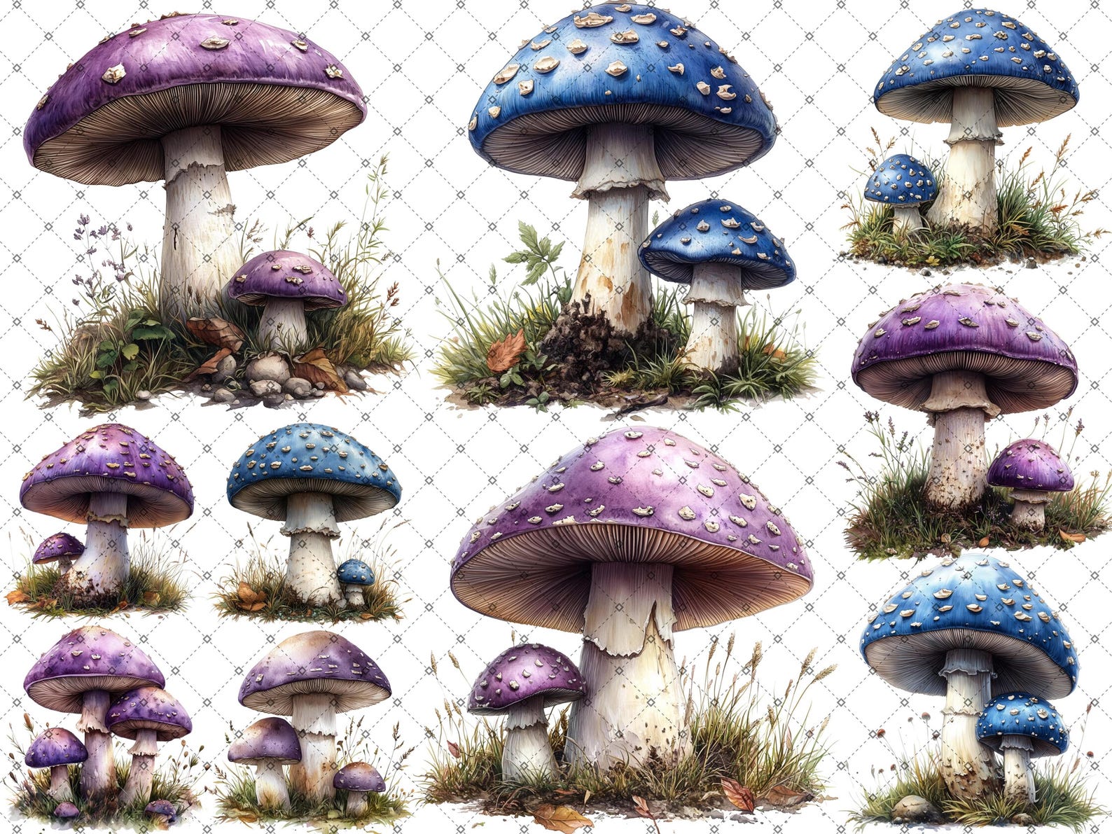 Blue Purple Mushroom Watercolor Clipart, Mushroom Forest Art, Fantasy ...