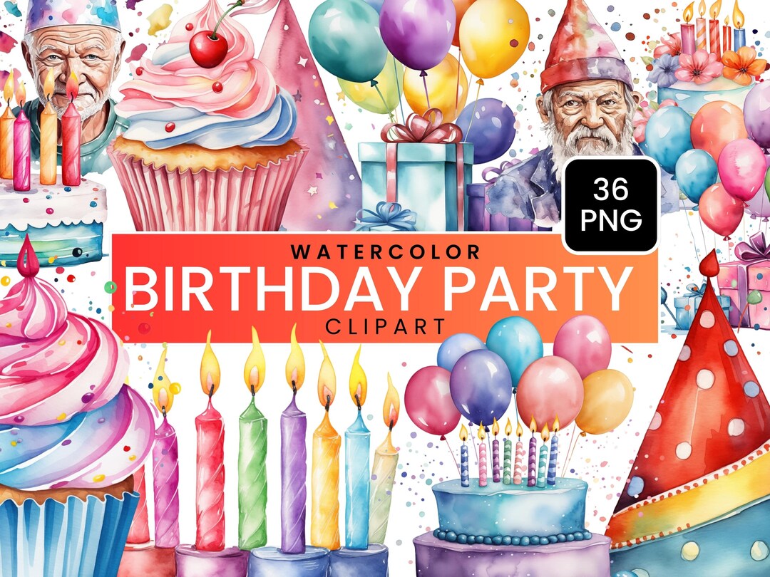 36 Watercolor Birthday Party Clipart Pack, Cake Balloon and Happy ...