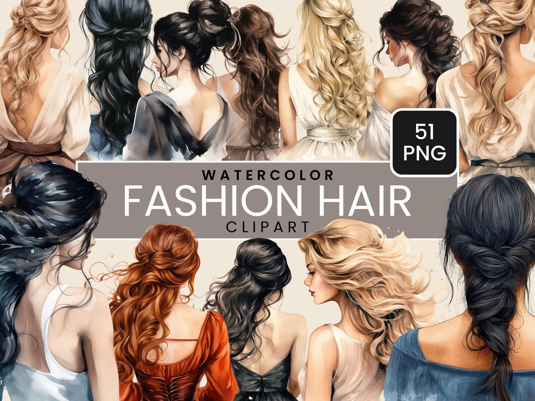 Watercolor Woman Hair Clip Art, Fashion Clipart, Beautiful Hair Graphics, Black, Blonde and ...