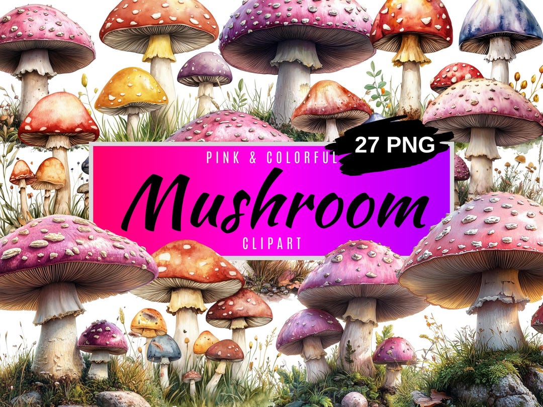 Watercolor Mushroom Clipart - Pink and Colorful Cute Forest Nature ...