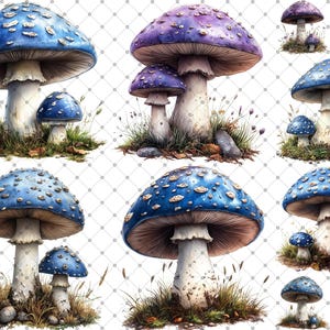 Blue Purple Mushroom Watercolor Clipart, Mushroom Forest Art, Fantasy ...