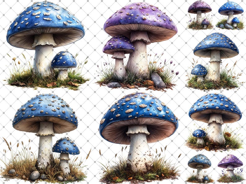 Blue Purple Mushroom Watercolor Clipart, Mushroom Forest Art, Fantasy ...