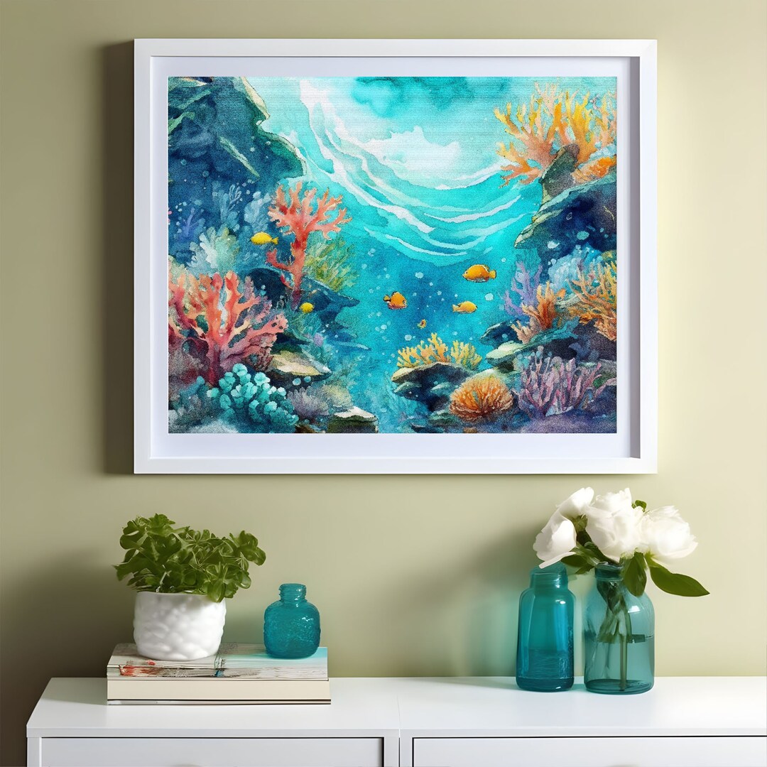 Underwater Coral Reef Watercolor Painting, Marine Life Ocean Artwork ...