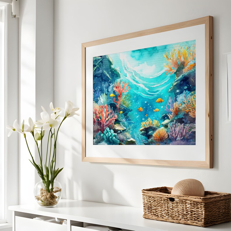PRINTABLE Underwater Coral Reef Watercolor Painting, Marine Life Ocean ...