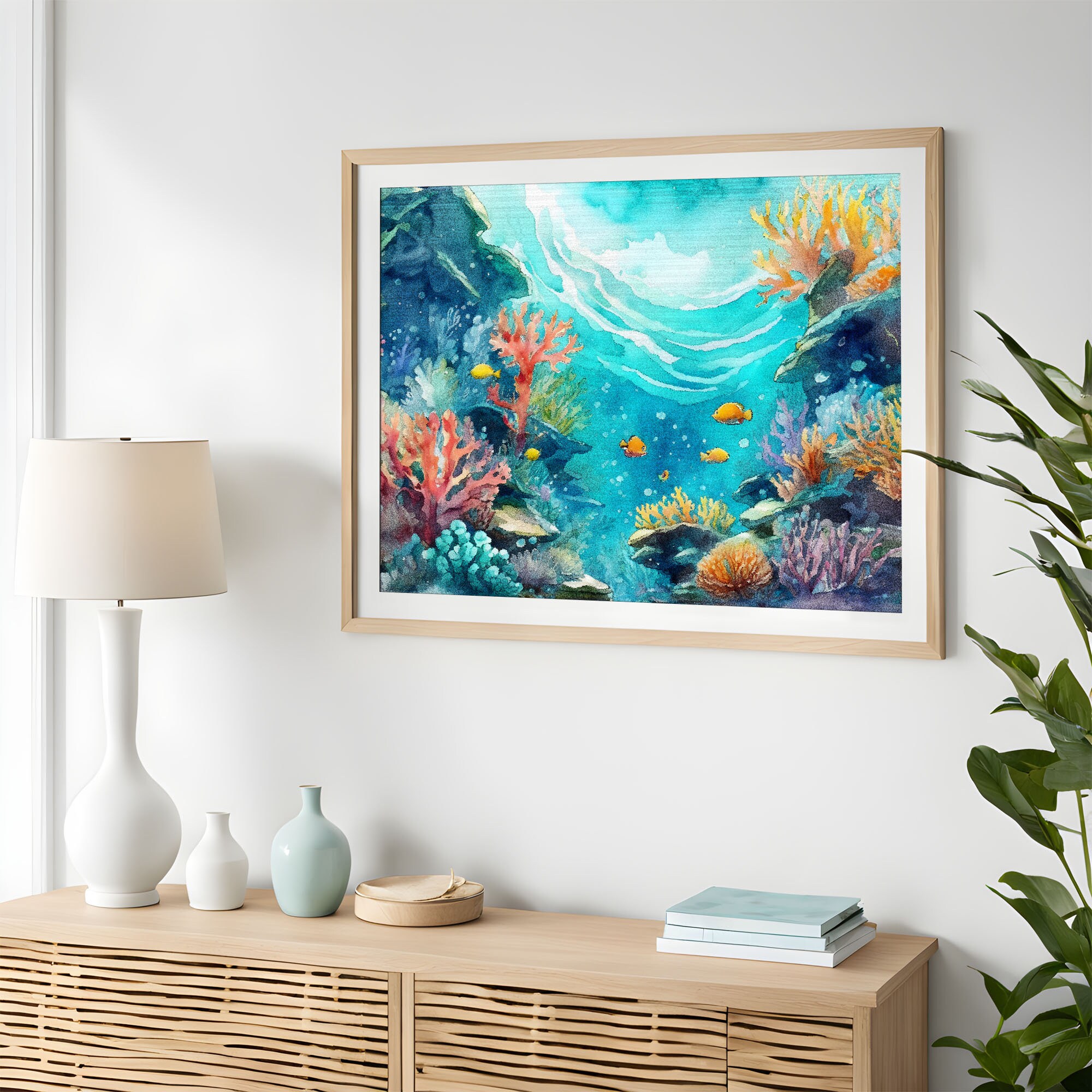 Underwater Coral Reef Watercolor Painting, Marine Life Ocean Artwork ...