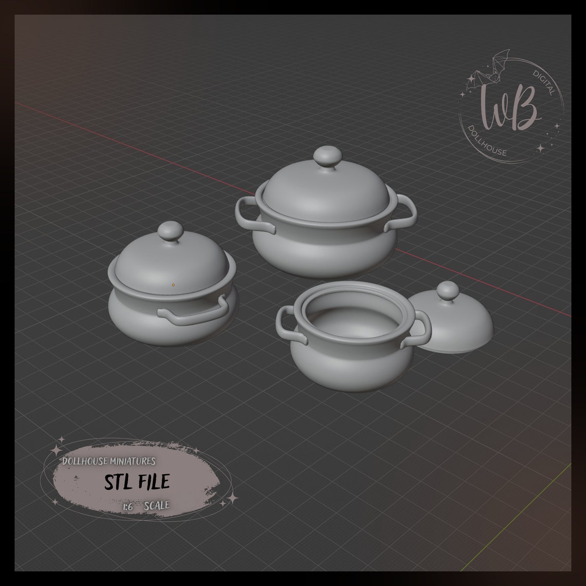 1:6 Set of Pans Dollhouse Miniature. Figured Pans - STL Downloadable ...