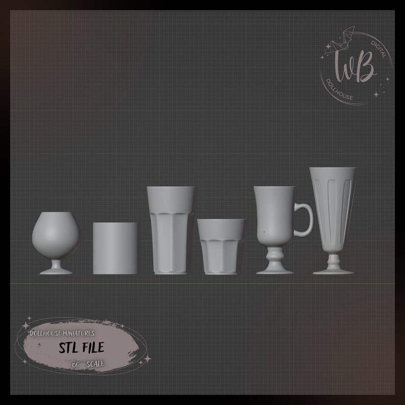 1:6 Scale. Set of Glasses Dollhouse Miniature STL Downloadable File for ...