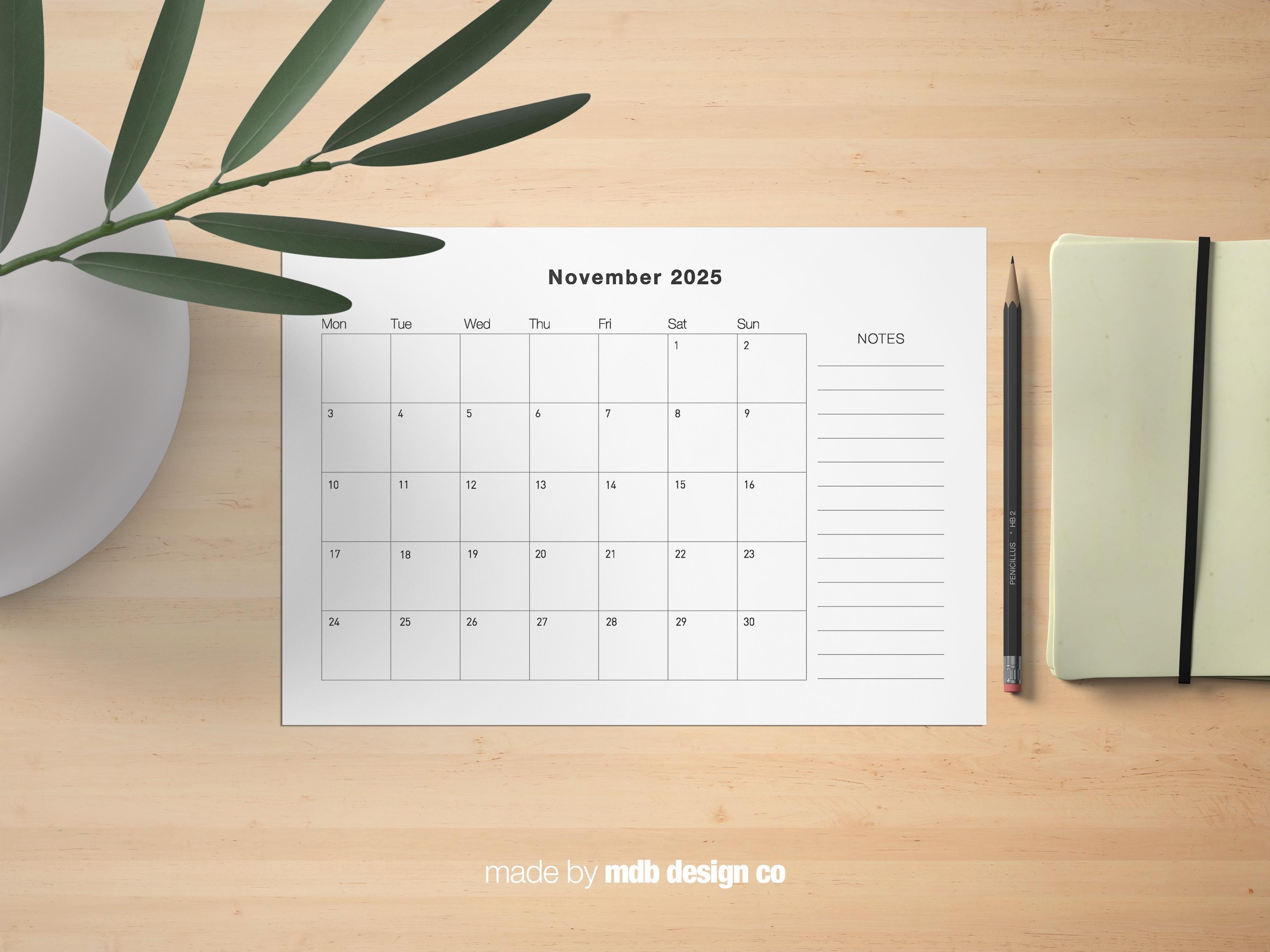 2025 Monthly Calendar With Notes, Landscape, Printable Calendar ...