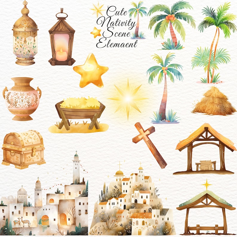 Cute Nativity Scene Watercolor Clipart,watercolor Nativity Scenes ...