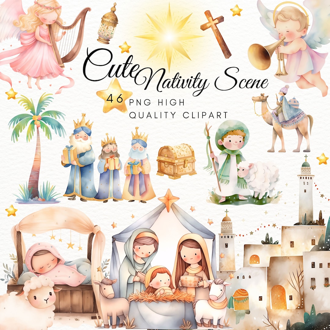 Cute Nativity Scene Watercolor Clipart,watercolor Nativity Scenes ...