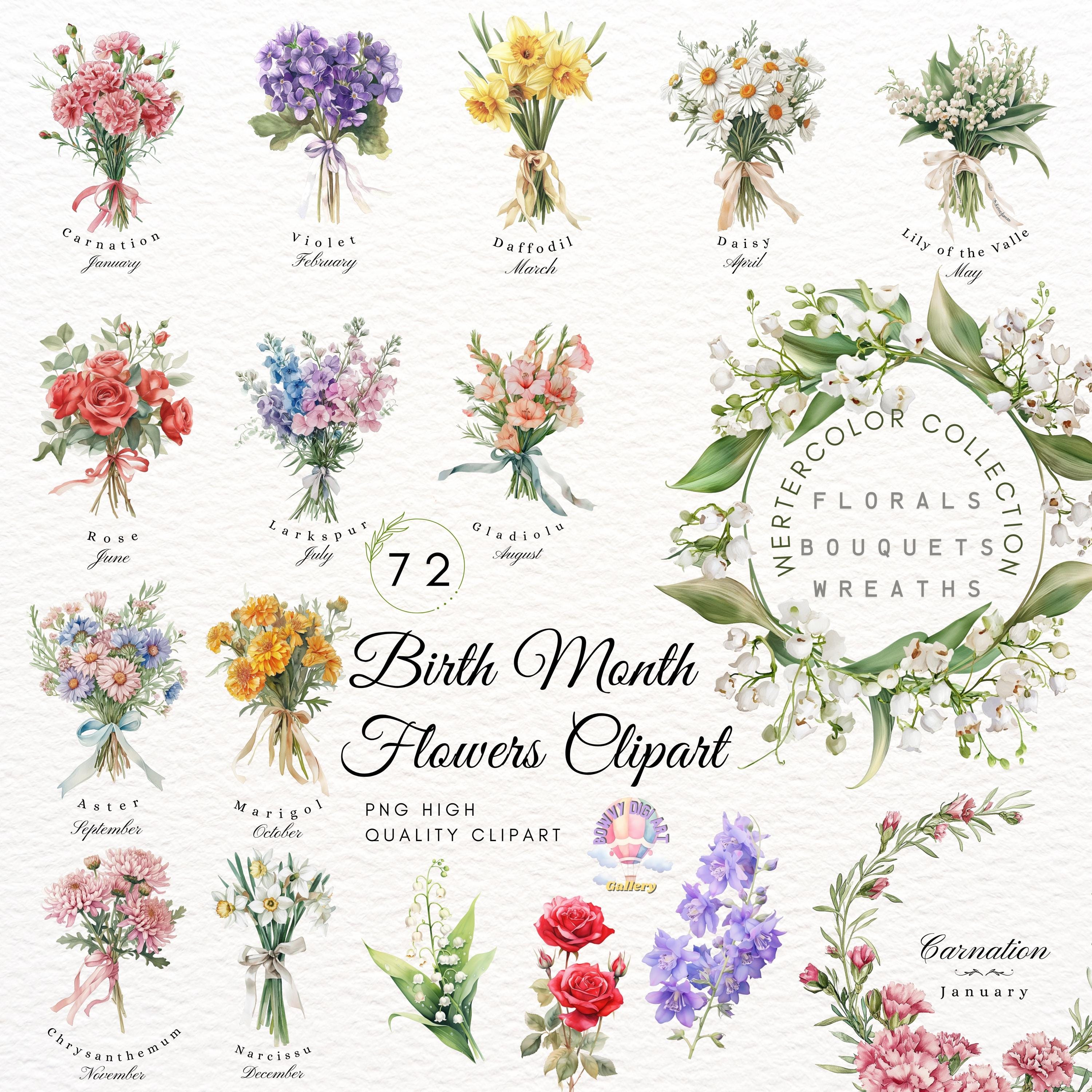 Watercolor Birth Month Flower Clipart,birth Flower Png,watercolor ...