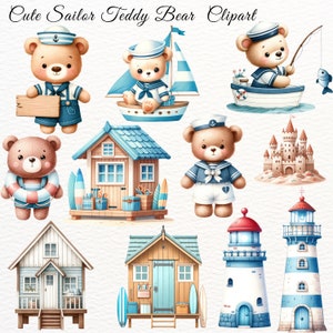 Nautical Clipart,cute Sailor Teddy Bear Clipart,watercolor Coastal ...